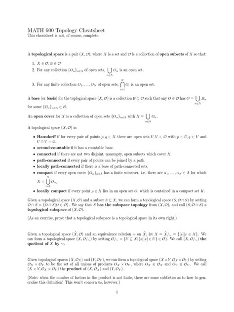 Topology Cheat Sheet Pdf Mathematical Analysis Topology