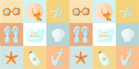 여름 모자이크 완벽 한 패턴과 다양한 해변 요소 선글라스 조개껍데기 선크림 앵커 플립플롭이 있는 밝은 해변 배너 다양한 해변