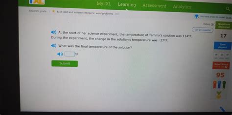Solved My Ixl Learning Assessment Analytics Seventh Grade B 14 Add And Subtract Integers Word