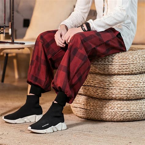 Streetwear 붉은 격자 무늬 바지 남성 조깅 가을 남성 스트레이트 하렘 바지 남성 한국어 힙합 바지 남성 플러스 사이즈 하렘 팬츠 AliExpress