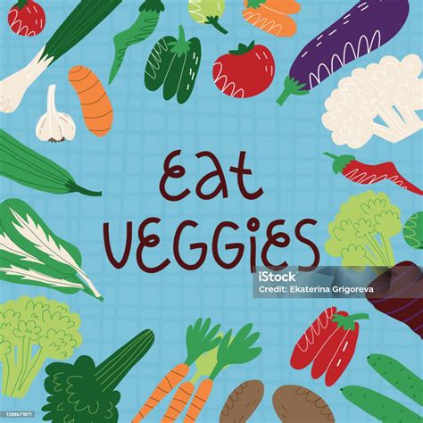 채소 광고 배너 레시피 템플릿을 먹습니다 파란색 타탄 식탁보 다양한 야채와 채소 프레임과 귀여운 손 글자 벡터 손으로 그린 그림 0명에 대한 스톡 벡터 아트 및 기타 이미지