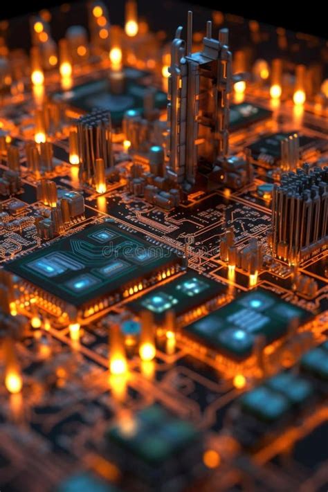 Circuit Board Close-up with Glowing Led Lights Stock Illustration - Illustration of technology ...