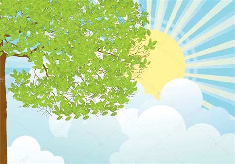 Tree Landscape With Sun Rays And Clouds Stock Vector GeraKTV 5844122