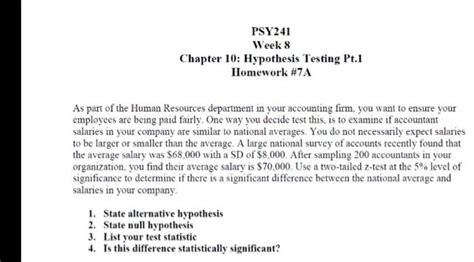 Solved Psy241 Week 8 Chapter 10 Hypothesis Testing Pt 1