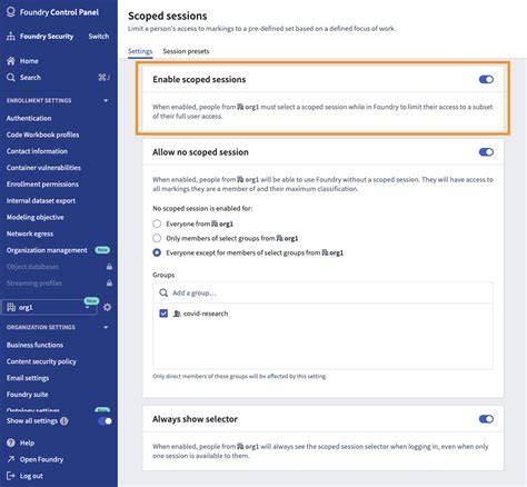 Organization Settings • Configure Scoped Sessions • Palantir