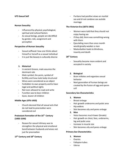 UTS The Sexual Self Notes Lecture UTS Sexual Self Human Sexuality Influenced By Physical