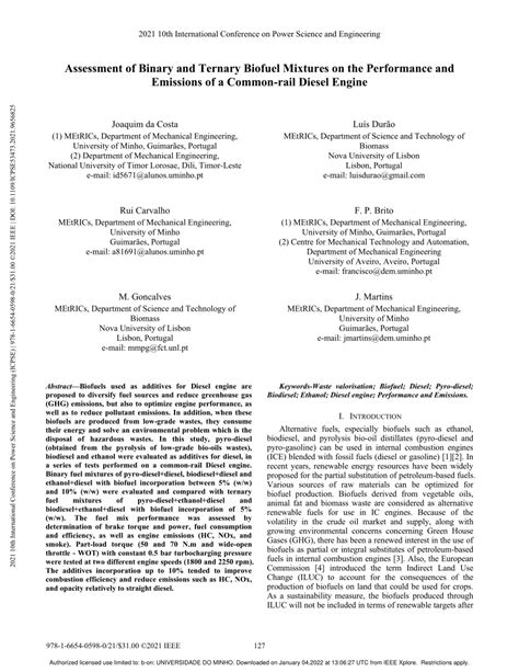 Pdf Assessment Of Binary And Ternary Biofuel Mixtures On The Performance And Emissions Of A