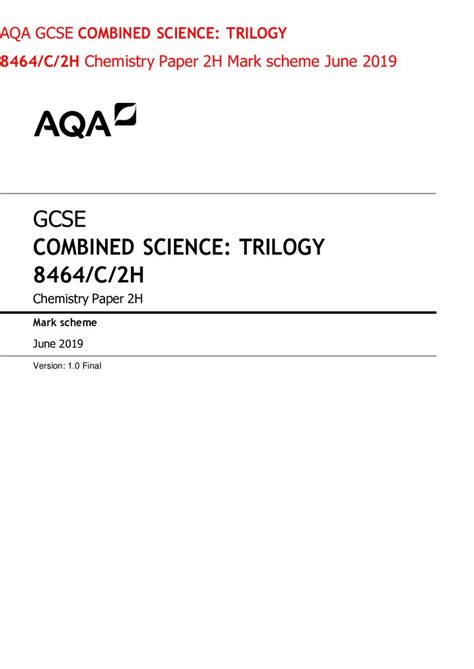 Aqa Gcse Combined Science Trilogy 8464 C 2h Chemistry Paper 2h Mark