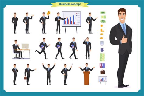 사람들이 문자 비즈니스 집합입니다 공식적인 마모에 젊은 사업가 다른 포즈와 감정 실행 서 서 앉아 도보 행복 화가 전체 길이 전면 후면 보기에 대 한 남자에 대한 스톡 벡터