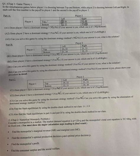 Solved Q Chap Game Theory In The Simultaneous Games Chegg