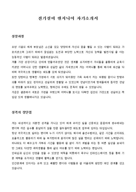 전기설비 엔지니어 자기소개서 비즈폼 샘플양식 다운로드