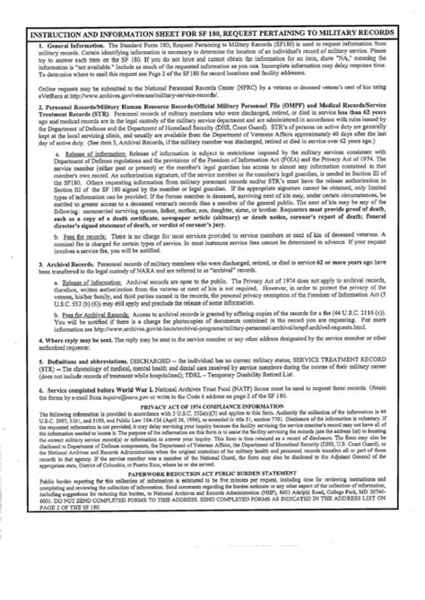 Standard Form 180 Request Pertaining To Military Records Printable Pdf Download