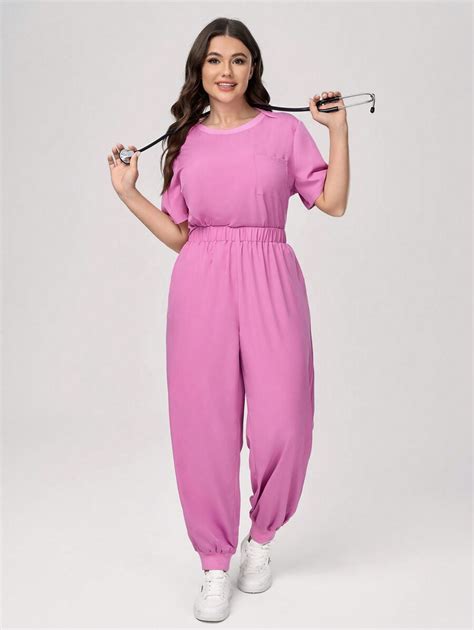 Shein Taskfit Plus Size Plain Short Sleeve And Long Pants Nursing Scrub