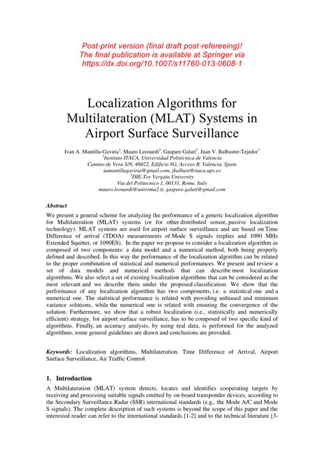 Pdf Localization Algorithms For Multilateration Mlat Systems In