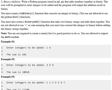 Solved 2 Binary Addition Write A Python Program Stored In Chegg Com