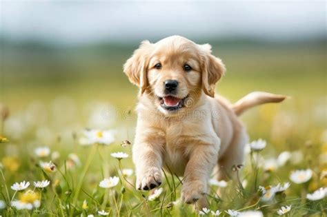 A Golden Retriever Puppy Runs through a Field of Daisies, Its Tongue ...