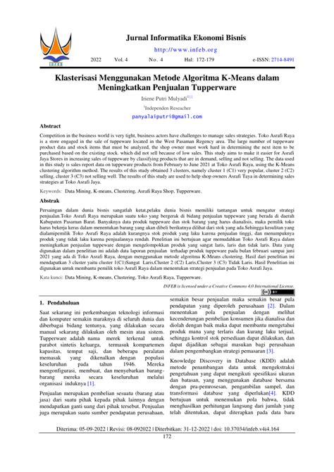 Pdf Klasterisasi Menggunakan Metode Algoritma K Means Dalam Meningkatkan Penjualan Tupperware