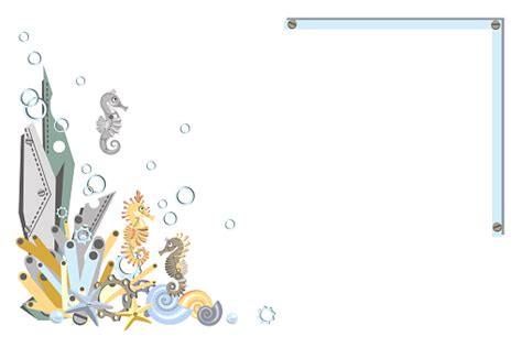 추상수 풍경 화려한 산호 바다 말 불가사리 해초 껍질과 기어 바퀴와 암초 코너 프레임입니다 스팀펑크 스타일 공간을 복사합니다 만화 디자인 강철에 대한 스톡 벡터 아트 및