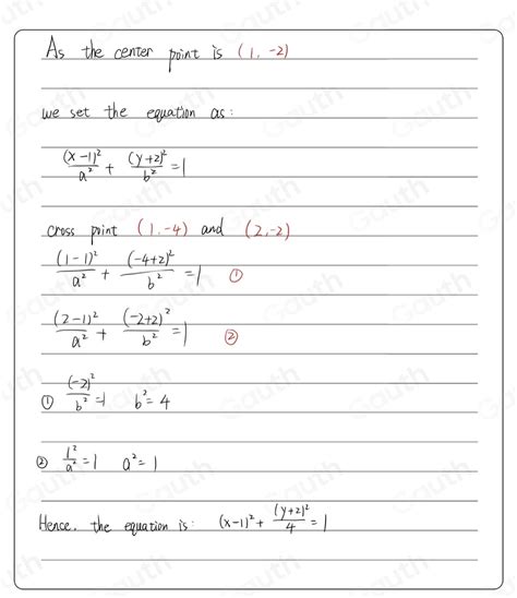 solved find the equation of an ellipse centered at 1 2 that passes