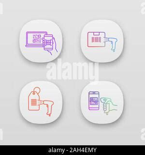 Barcodes App Icons Set UI UX User Interface QR Code Scanning Paper Receipt In Hand Matrix
