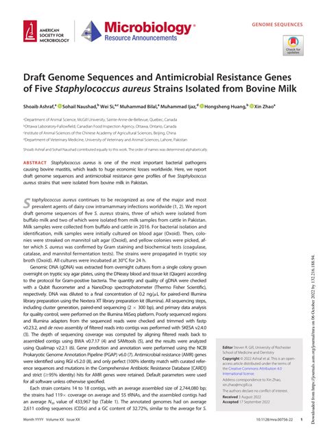 Pdf Draft Genome Sequences And Antimicrobial Resistance Genes Of Five Staphylococcus Aureus