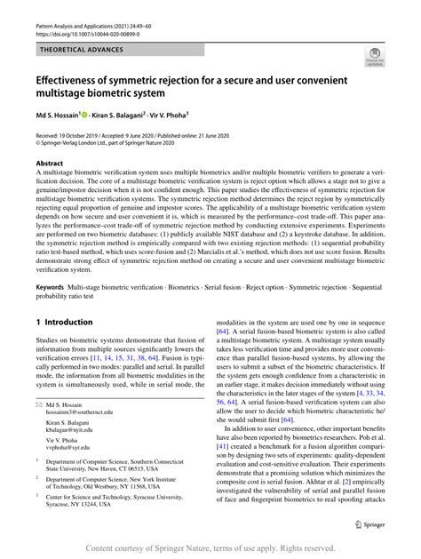 Effectiveness Of Symmetric Rejection For A Secure And User Convenient Multistage Biometric