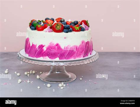 Delicate Cake Decorated With Fresh Berries Strawberries And