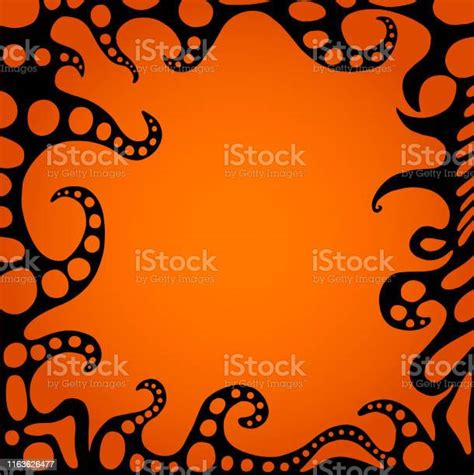 그라데이션 오렌지 색상 배경에 격리 된 양식 몬스터 촉수의 추상 낙서 프레임 텍스트에 대한 장소와 벡터 손으로 그린 판타지 배경