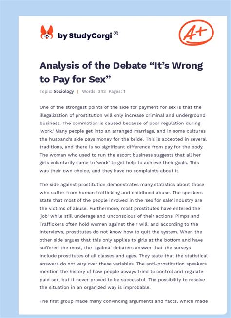 Analysis Of The Debate It S Wrong To Pay For Sex Free Essay Example
