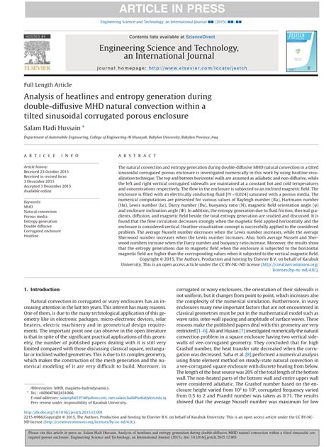 Pdf Analysis Of Heatlines And Entropy Generation During Double Diffusive Mhd Natural