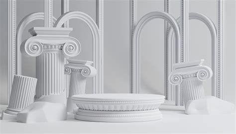 브랜딩 프레젠테이션 3d 렌더링 삽화를 위한 흰색 배경이 있는 제품 배경에 대한 로마 기둥이 있는 3d 럭셔리 연단 0명에 대한