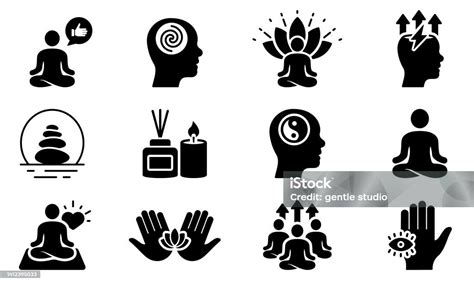 명상 휴식 균형 아로마 테라피 아이콘 세트 요가 로터스 포즈 하모니 실루엣 아이콘 Khamsa Zen Rest Brain Symbol 영적 에너지 글리프 픽토그램 격리된