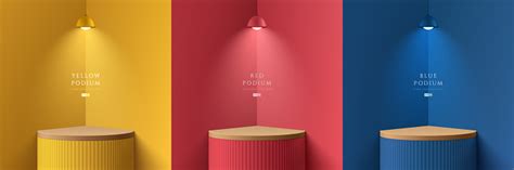 노란색 진한 파란색 빨간색 사실적인 3d 실린더 세트는 네온 램프가 매달려 있는 코너 룸에 연단에 서 있습니다 무대 진열장 제품 전시 3d 벡터 렌더링 기하학적 형태