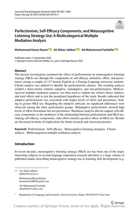 Perfectionism Self Efficacy Components And Metacognitive Listening