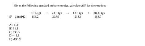 Solved Given the following standard molar entropies, | Chegg.com