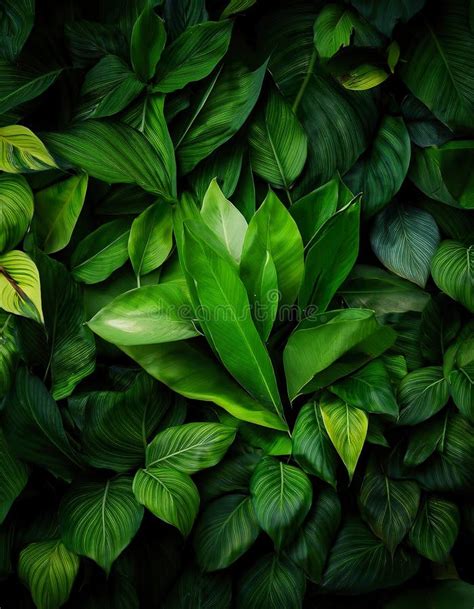 Dense Arrangement Of Vibrant Green Tropical Leaves Creating A Lush