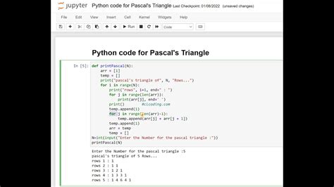 Day 33 Python Code For Pascals Triangle Youtube