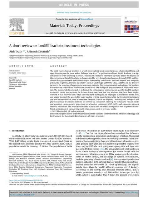 pdf a short review on landfill leachate treatment technologies