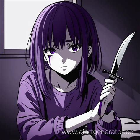 Mysterious Purple Anime Girl With Knife In Dark Room Ai Art Generator