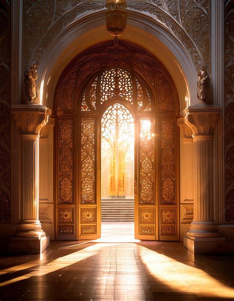 Ornate Golden Doors Open To A Sunlit Palace Hallway Background