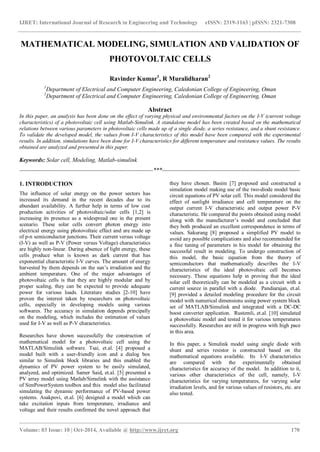 Mathematical Modeling Simulation And Validation Of Photovoltaic Cells PDF
