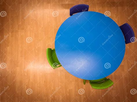 Top View Of A Round Table With Its Wooden Chairs In A Bright Classroom