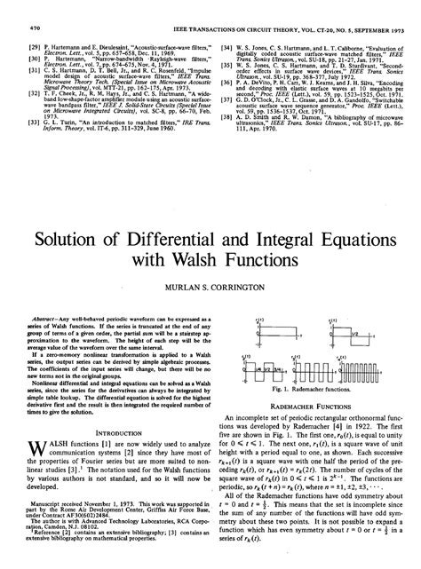 Integral Equations With Walsh Function 470 Ieee Transactions On Circuit Theory Vol Ct 20 No
