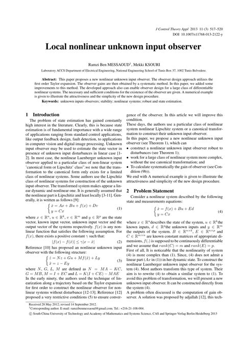 Pdf Local Nonlinear Unknown Input Observer