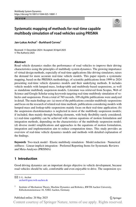 Pdf Systematic Mapping Of Methods For Real Time Capable Multibody Simulation Of Road Vehicles