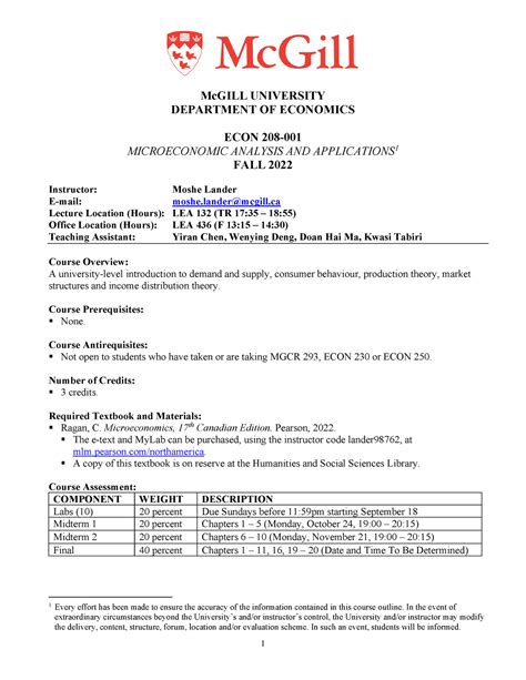 Econ Syllabus Yuh Mcgill University Department Of Economics Econ