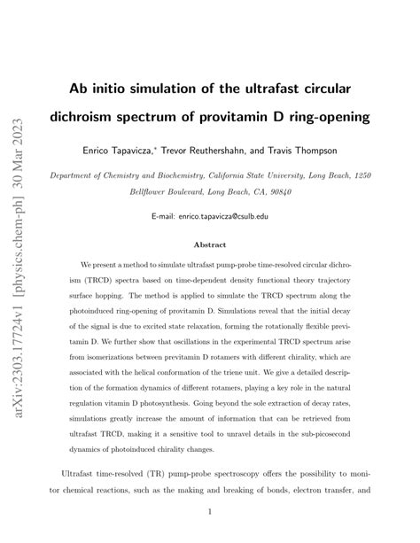 Pdf Ab Initio Simulation Of The Ultrafast Circular Dichroism Spectrum Of Provitamin D Ring Opening