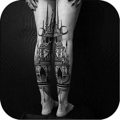Castle Legs Tattoodo Leg Tattoos Blackwork Tattoo Back Of Leg Tattoos