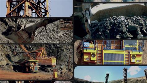 Coal Mining Multiple Frames In One Video Big Yellow Dump Truck In A Quarry Work In A Large