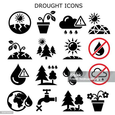 가뭄 자연 재해 기후 변화 벡터 아이콘 설정 정원과 숲에서 식물에 대한 물이 없습니다 나무에 대한 스톡 벡터 아트 및 기타 이미지 Istock